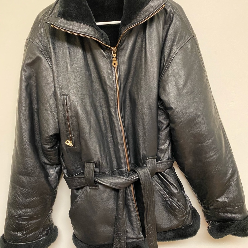 Wilda Leather Jacket Large Black Belted Parka - Gem